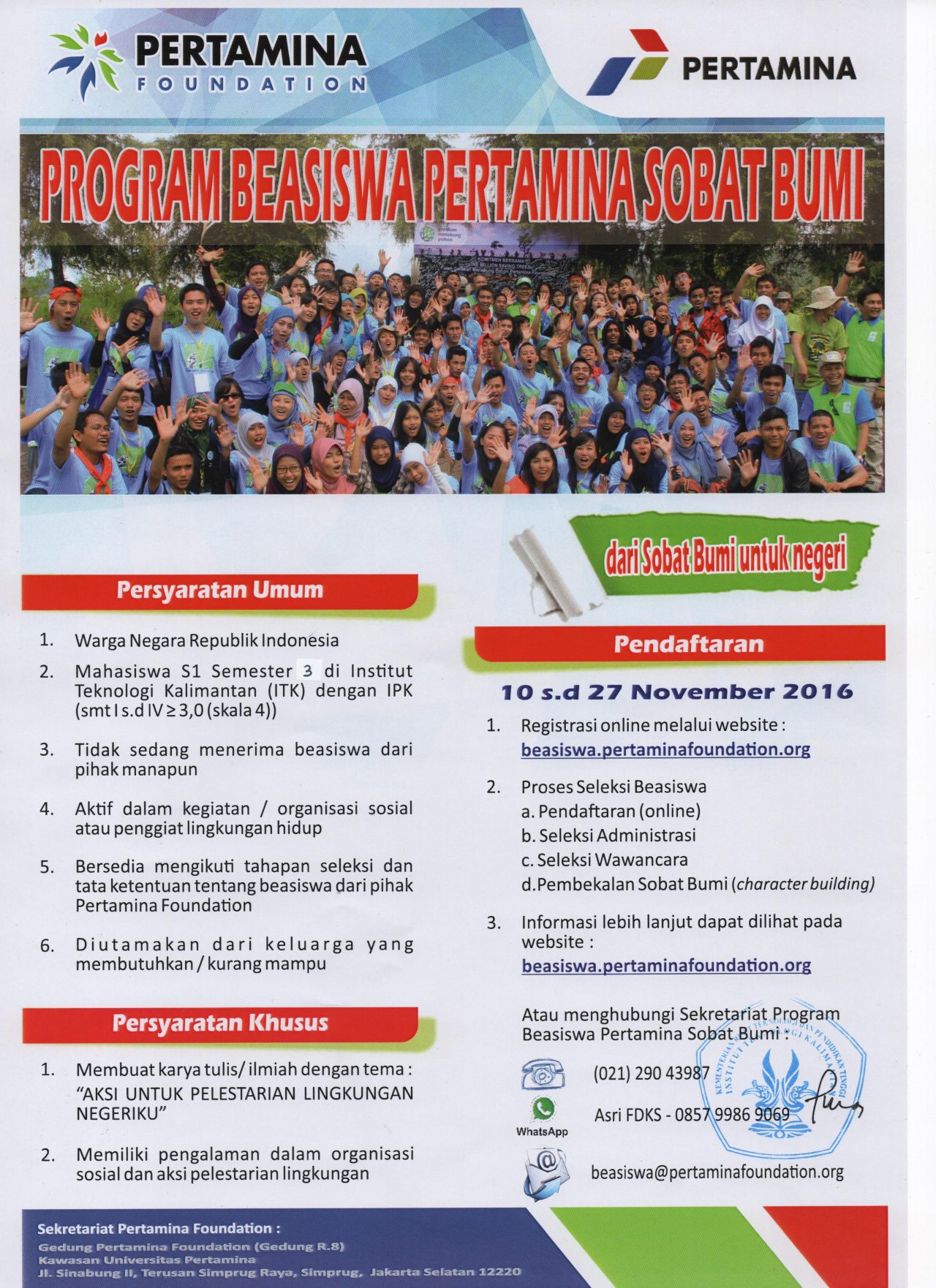 Program Beasiswa PERTAMINA Sobat Bumi - Institut Teknologi Kalimantan