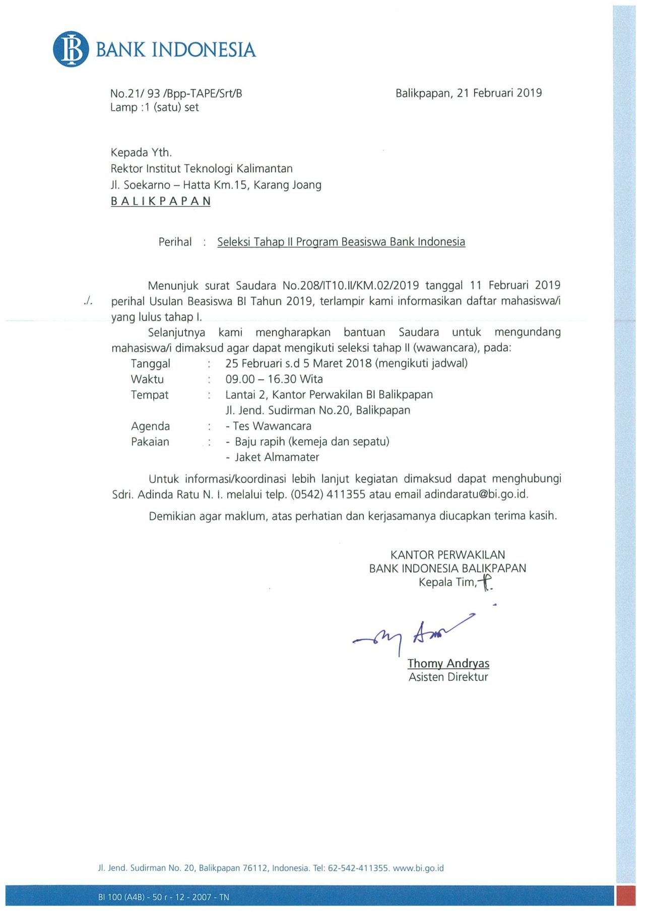 Undangan Seleksi Wawancara Calon Penerima Beasiswa Bank Indonesia 2019 - Institut Teknologi ...